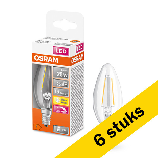 Aanbieding: 6x Osram LED lamp E14 | Kaars B35 | Filament | Helder | Dimbaar | 2700K 2.8W (25W ...